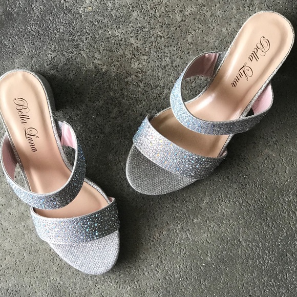 Bella Luna | Shoes | Silver Party Rhinestone Fancy Mule Slide Low Heel ...
